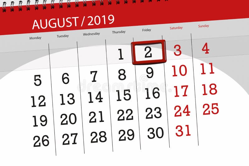 Calendar Planner for the Month, Deadline Day of the Week 2019 August, 2 ...