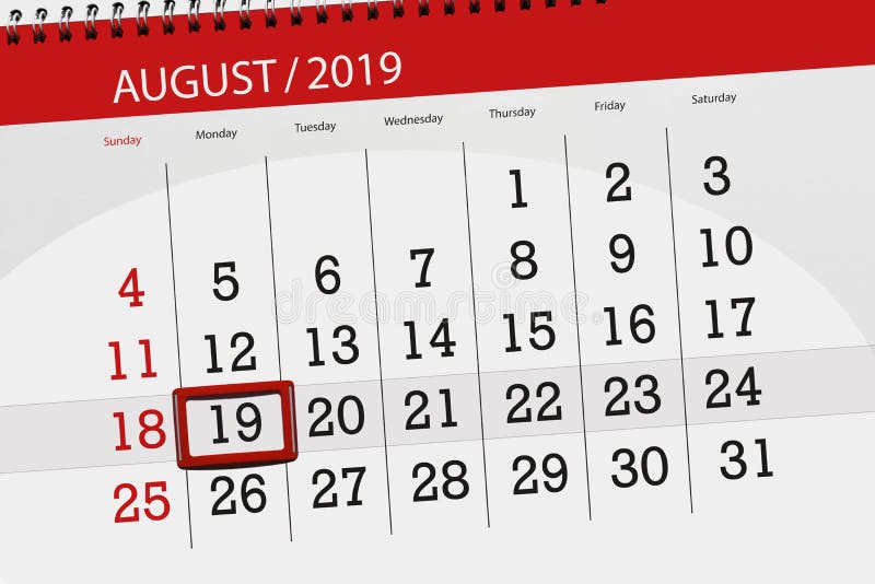 Calendar Planner for the Month, Deadline Day of the Week 2019 August ...