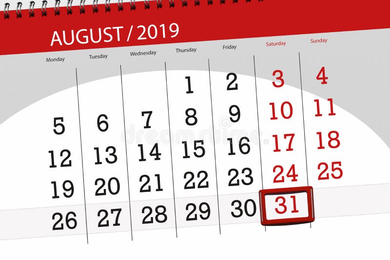 Calendar Planner for the Month, Deadline Day of the Week 2019 August ...