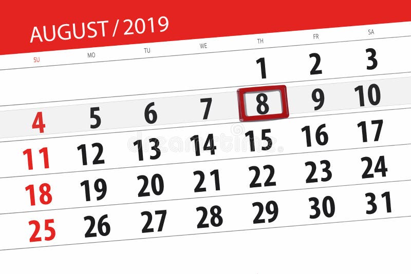 Calendar Planner for the Month, Deadline Day of the Week 2019 August, 8 ...