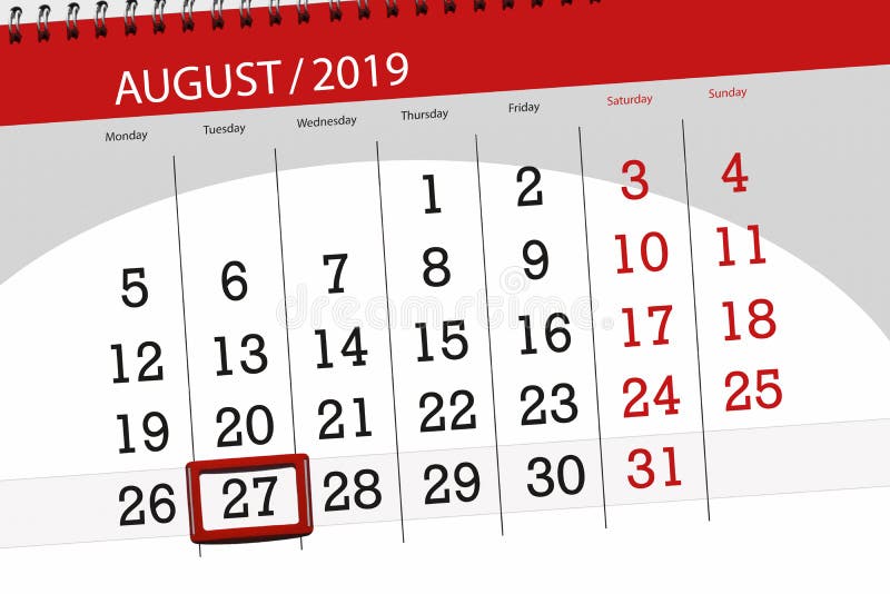 Calendar Planner for the Month, Deadline Day of the Week 2019 August ...