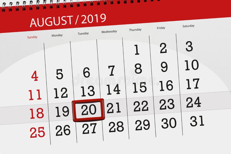 Calendar Planner for the Month, Deadline Day of the Week 2019 August ...
