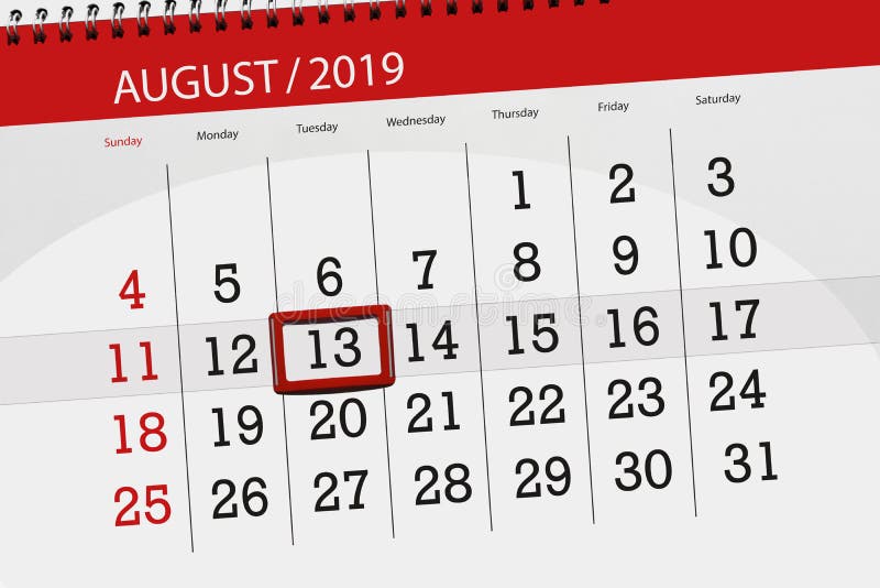 Calendar Planner for the Month, Deadline Day of the Week 2019 August ...