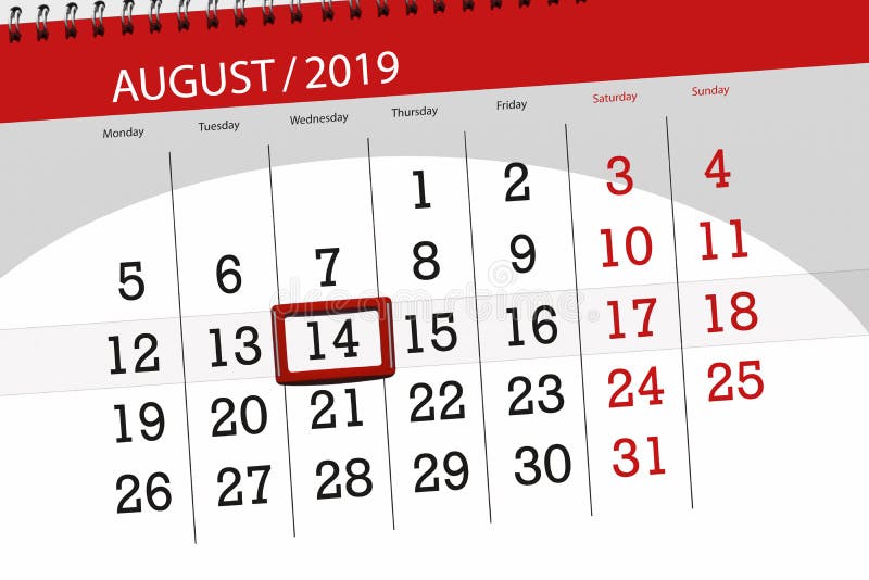 Calendar Planner for the Month, Deadline Day of the Week 2019 August ...