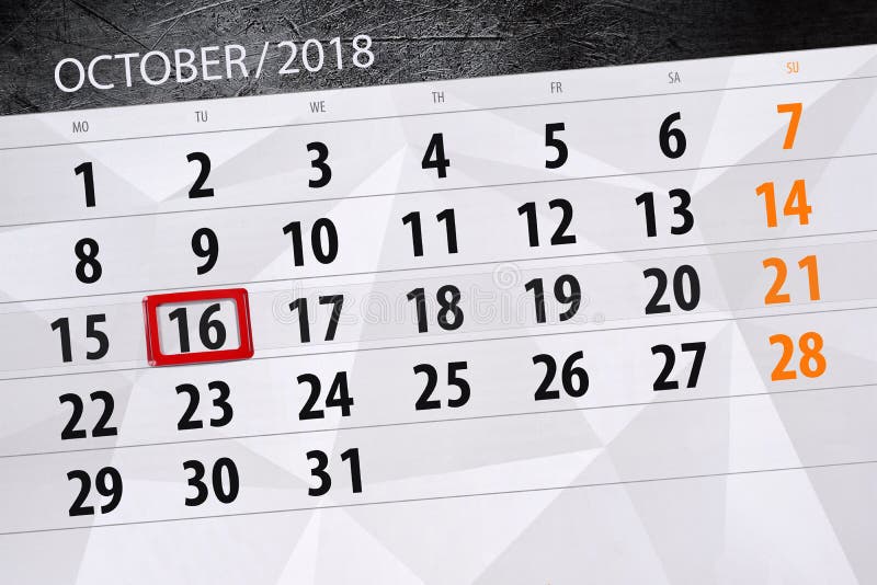 Calendar Planner for the Month, Deadline Day of the Week 2018 October ...