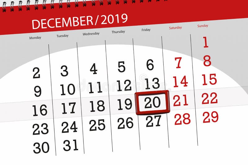 Calendar Planner for the Month December 2019, Deadline Day, 20, Friday ...