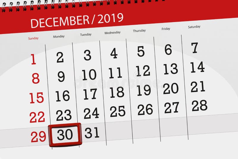 Calendar Planner for the Month December 2019, Deadline Day, 30, Monday ...