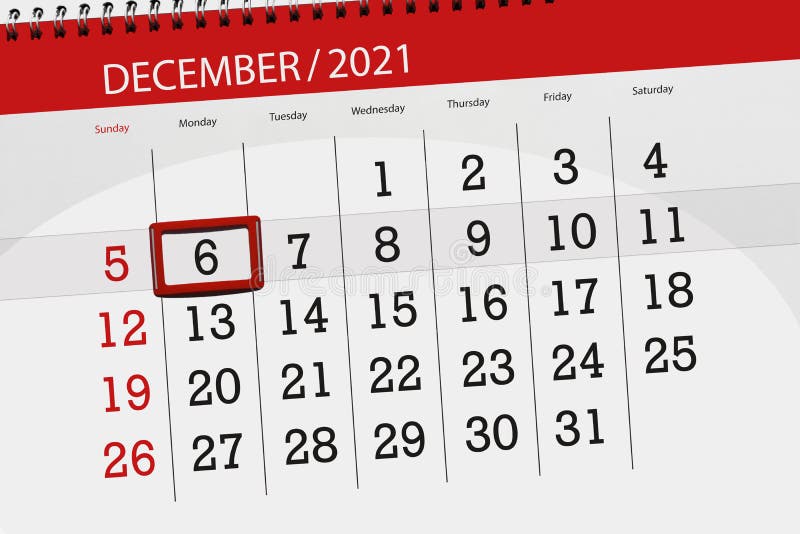 Calendar Planner for the Month December 2021, Deadline Day, 6, Monday ...