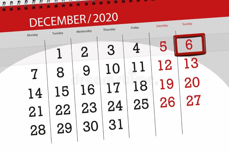 Calendar Planner for the Month December 2020, Deadline Day, 6, Sunday ...