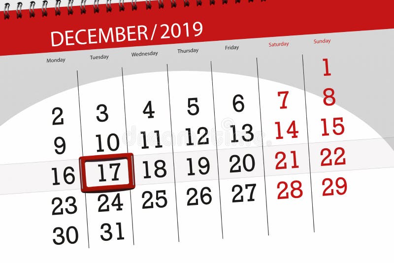 Calendar Planner for the Month December 2019, Deadline Day, 17, Tuesday ...