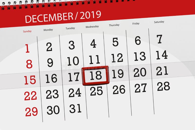 Calendar Planner for the Month December 2019, Deadline Day, 18 ...
