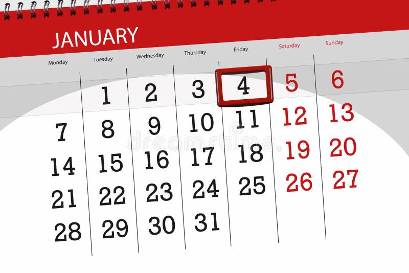 Calendar Planner for the Month January 2019, Deadline Day, 4, Friday ...
