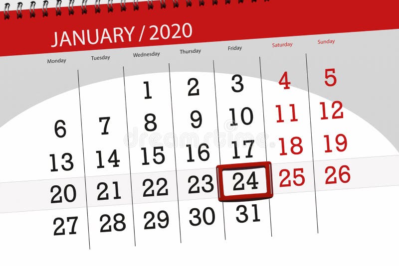 Calendar Planner for the Month January 2020, Deadline Day, 24, Friday ...