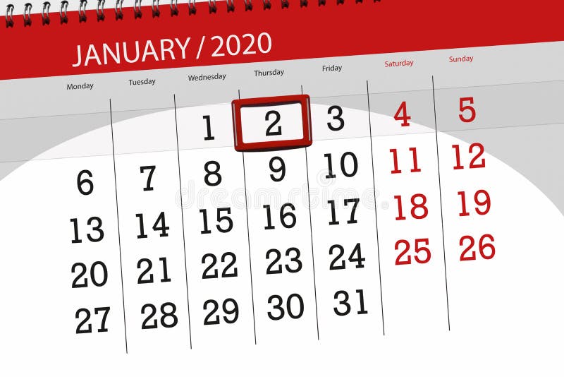 Calendar Planner for the Month January 2020, Deadline Day, 2, Thursday ...