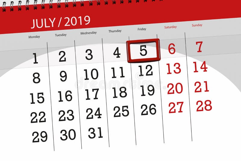 Calendar Planner for the Month July 2019, Deadline Day, 5 Friday Stock ...