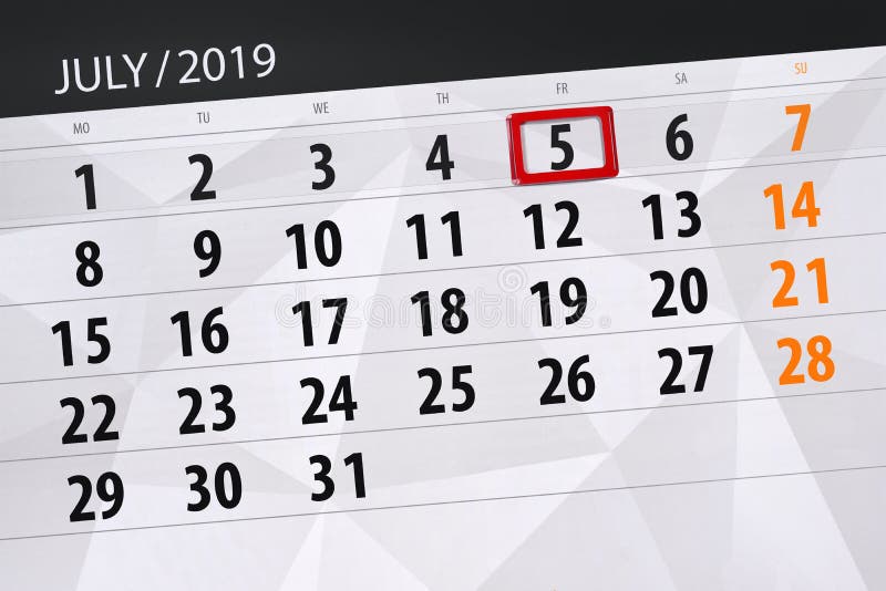 Calendar Planner for the Month July 2019, Deadline Day, 5 Friday Stock ...