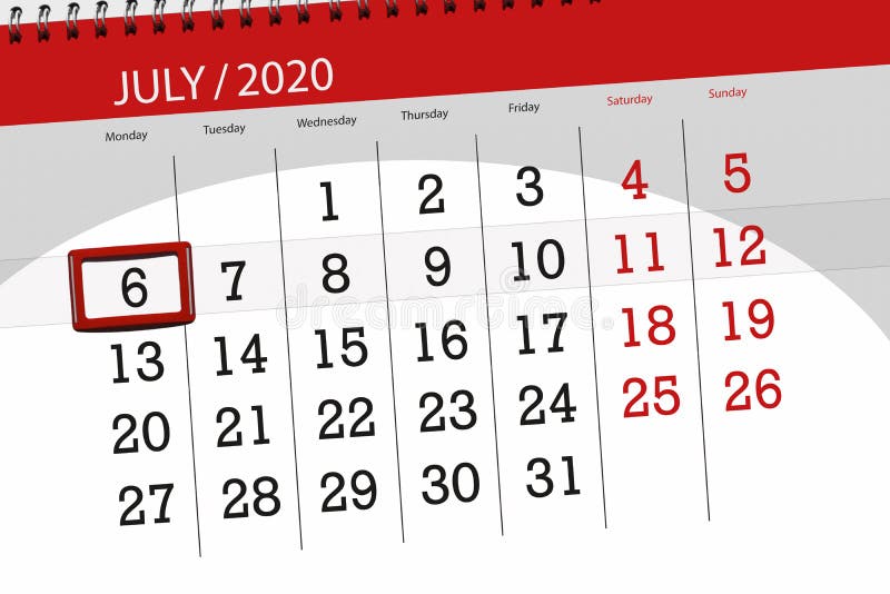 Calendar Planner for the Month July 2020, Deadline Day, 6, Monday Stock ...