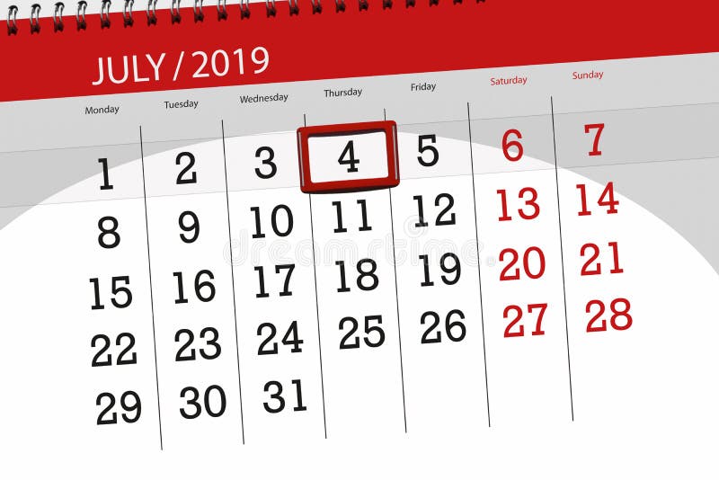 Calendar Planner for the Month July 2019, Deadline Day, 4 Thursday ...