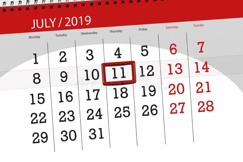 Calendar Planner for the Month July 2019, Deadline Day, 11 Thursday ...