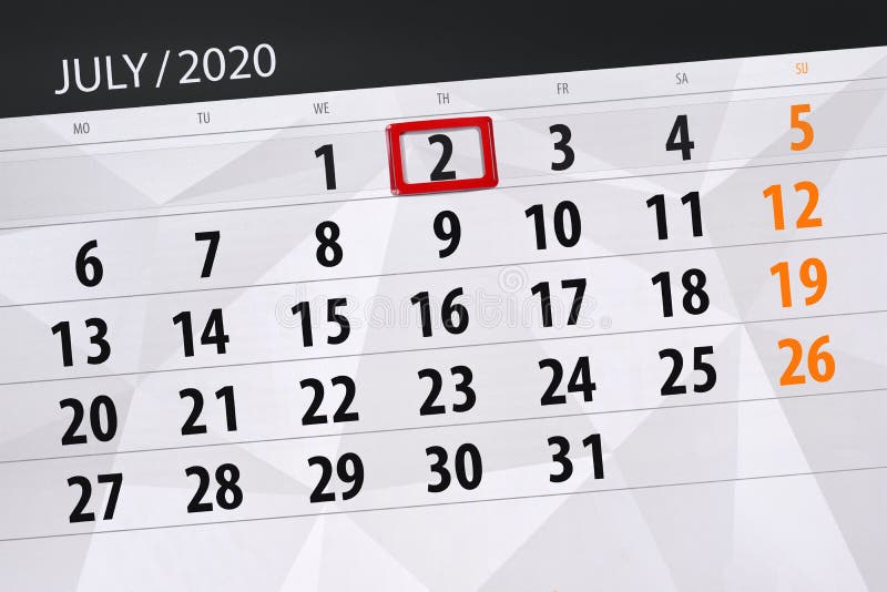 Calendar Planner for the Month July 2020, Deadline Day, 2, Thursday ...
