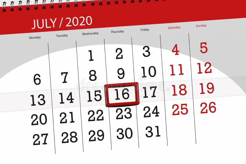Calendar Planner for the Month July 2020, Deadline Day, 16, Thursday ...