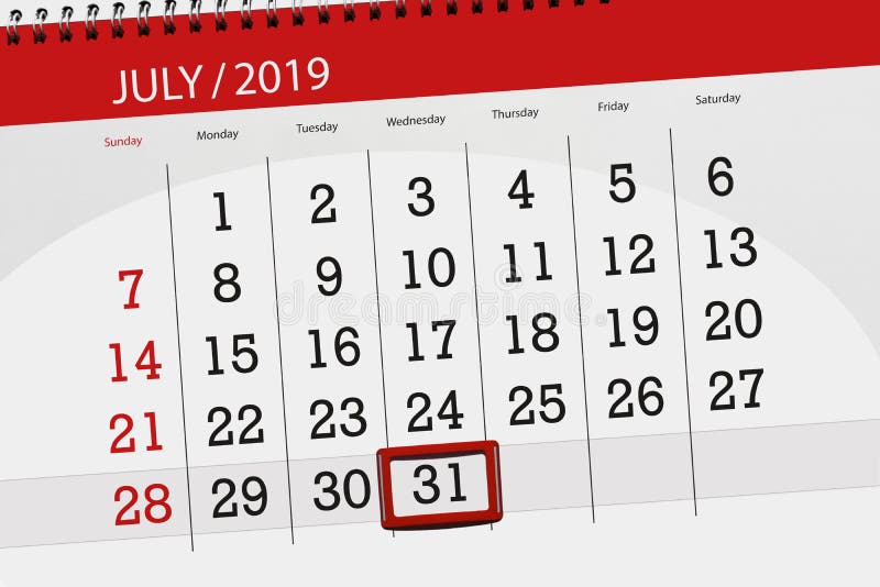 Calendar Planner for the Month July 2019, Deadline Day, 31 Wednesday ...