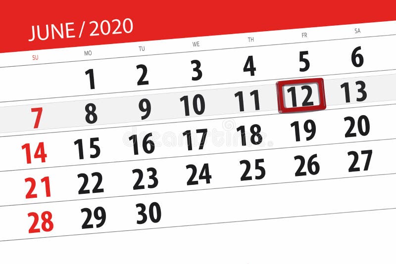 Calendar Planner for the Month June 2020, Deadline Day, 12, Friday ...
