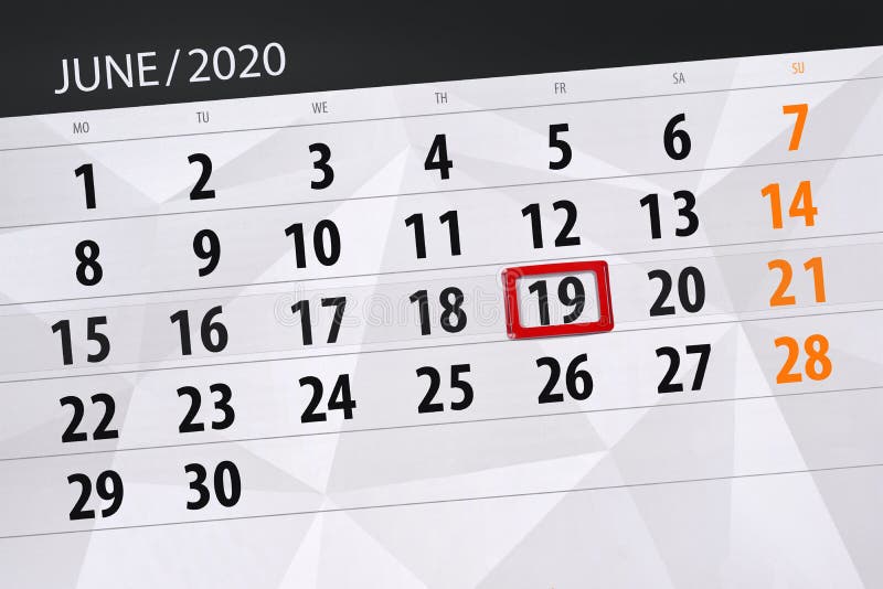 Calendar Planner for the Month June 2020, Deadline Day, 19, Friday ...