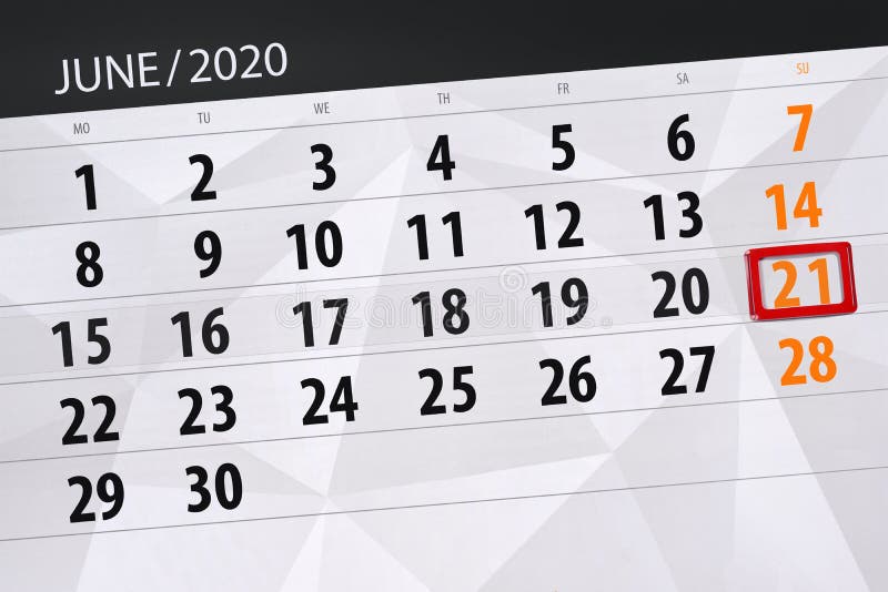 Calendar Planner for the Month June 2020, Deadline Day, 21, Sunday ...
