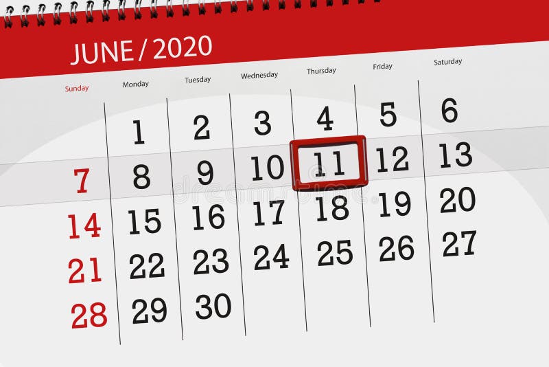 Calendar Planner for the Month June 2020, Deadline Day, 11, Thursday ...