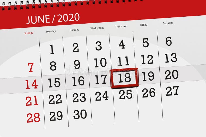 Calendar Planner for the Month June 2020, Deadline Day, 18, Thursday ...