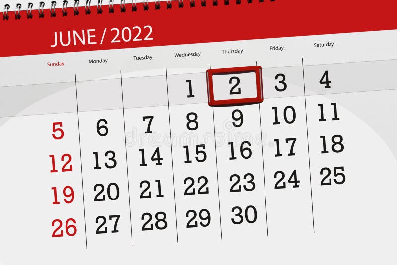 Calendar Planner for the Month June 2022, Deadline Day, 2, Thursday ...