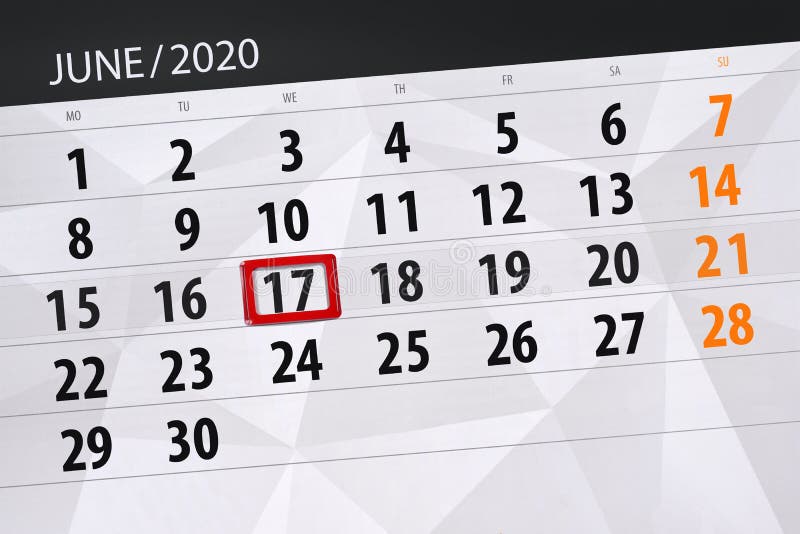 Calendar Planner for the Month June 2020, Deadline Day, 17, Wednesday ...