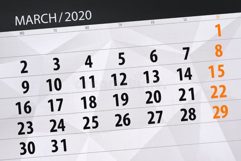 Calendar Planner for the Month March 2020, Deadline Day Stock Photo ...