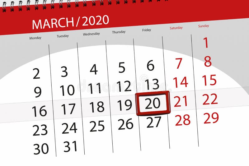 Calendar Planner for the Month March 2020, Deadline Day, 20, Friday ...