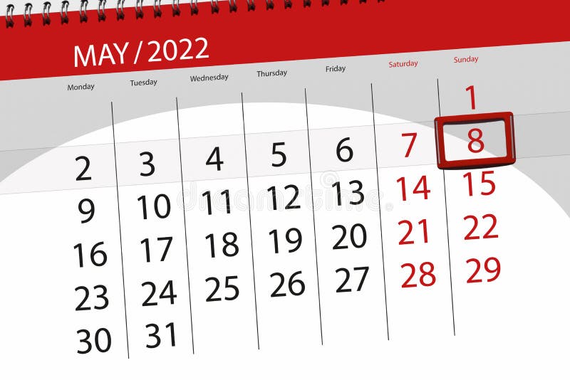 Calendar Planner for the Month May 2022, Deadline Day, 8, Sunday Stock ...