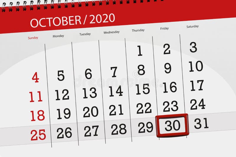 Calendar Planner for the Month October 2020, Deadline Day, 30, Friday ...