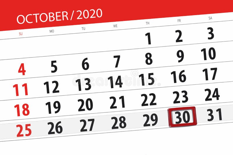 Calendar Planner for the Month October 2020, Deadline Day, 30, Friday ...