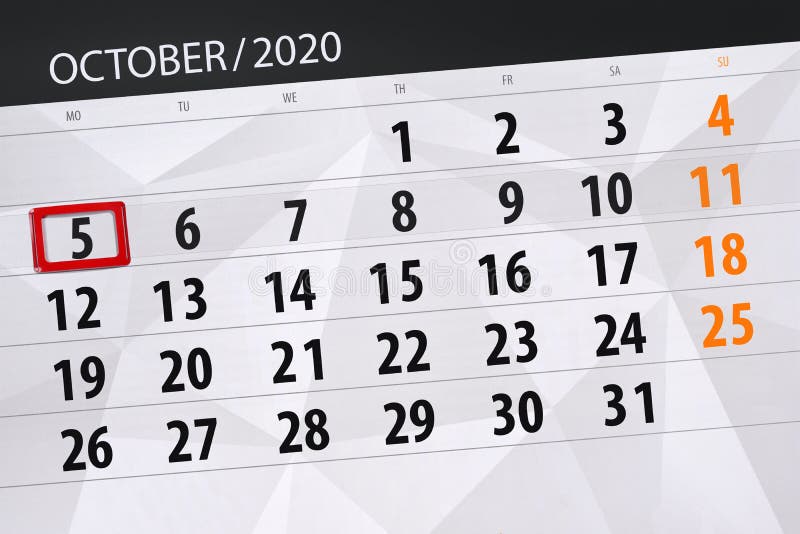 Calendar Planner for the Month October 2020, Deadline Day, 5, Monday ...