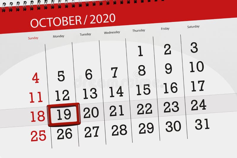 Calendar Planner for the Month October 2020, Deadline Day, 19, Monday ...