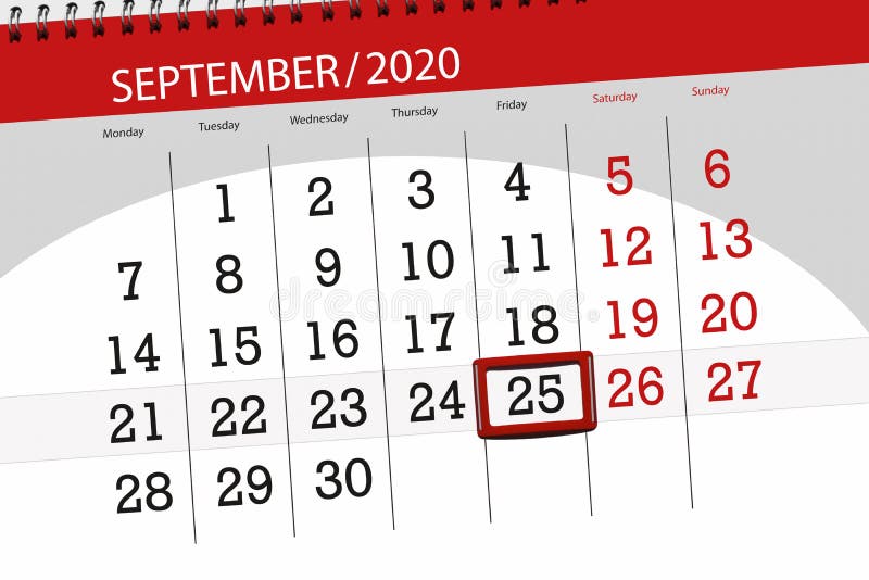 Calendar Planner for the Month September 2020, Deadline Day, 25, Friday ...