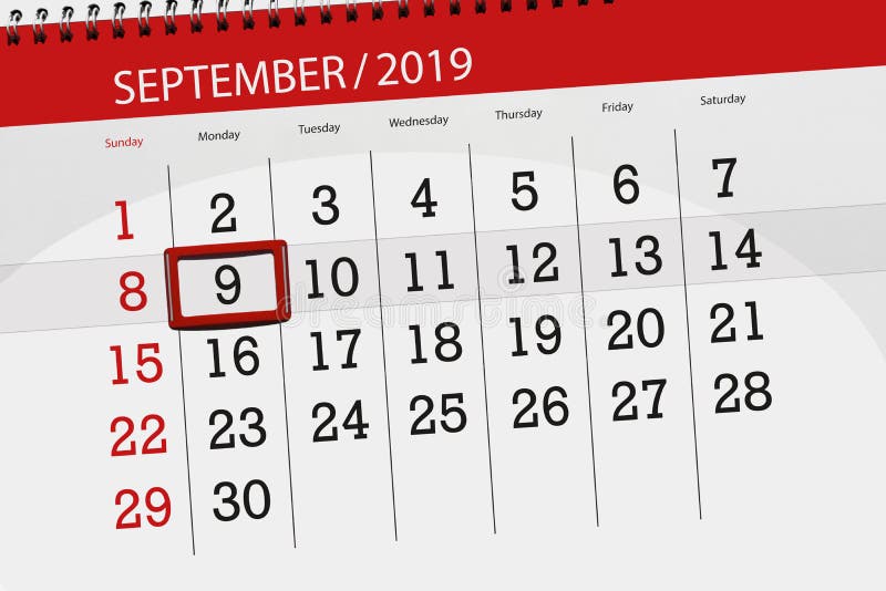 Calendar Planner for the Month September 2019, Deadline Day, 9, Monday ...