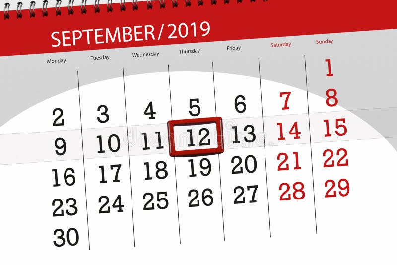 Calendar Planner for the Month September 2019, Deadline Day, 12 ...