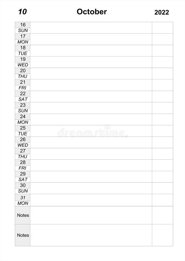 Calendar Planner for Second Half of October 2022. Work Organizer Stock ...