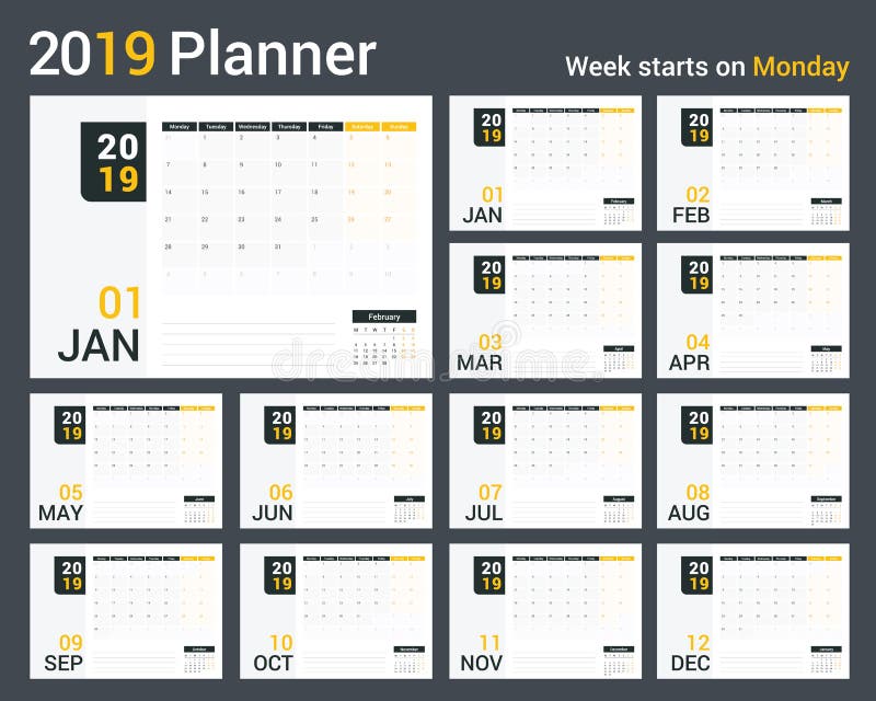 2019 Calendar-planner Template, Planner, 12 Pages, Week Starts on ...