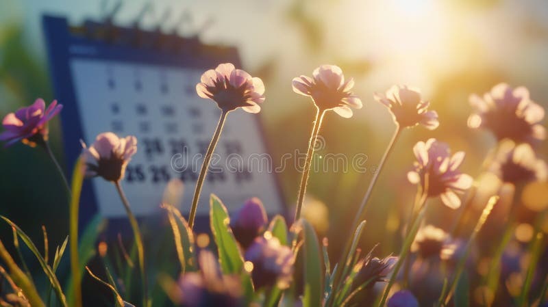 A Calendar with Purple Flowers in Front Stock Illustration ...