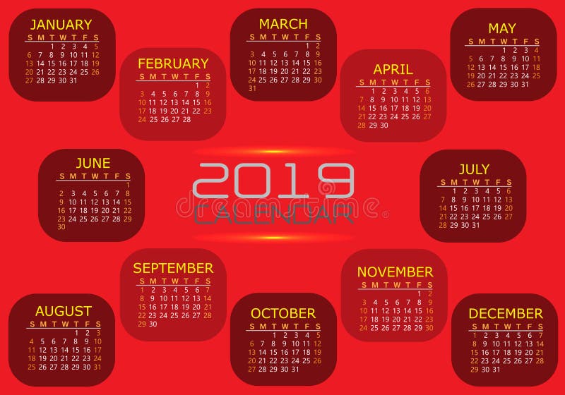 Calendar 2019 Red Tone Yellow Orange White Text Number Design Vector ...