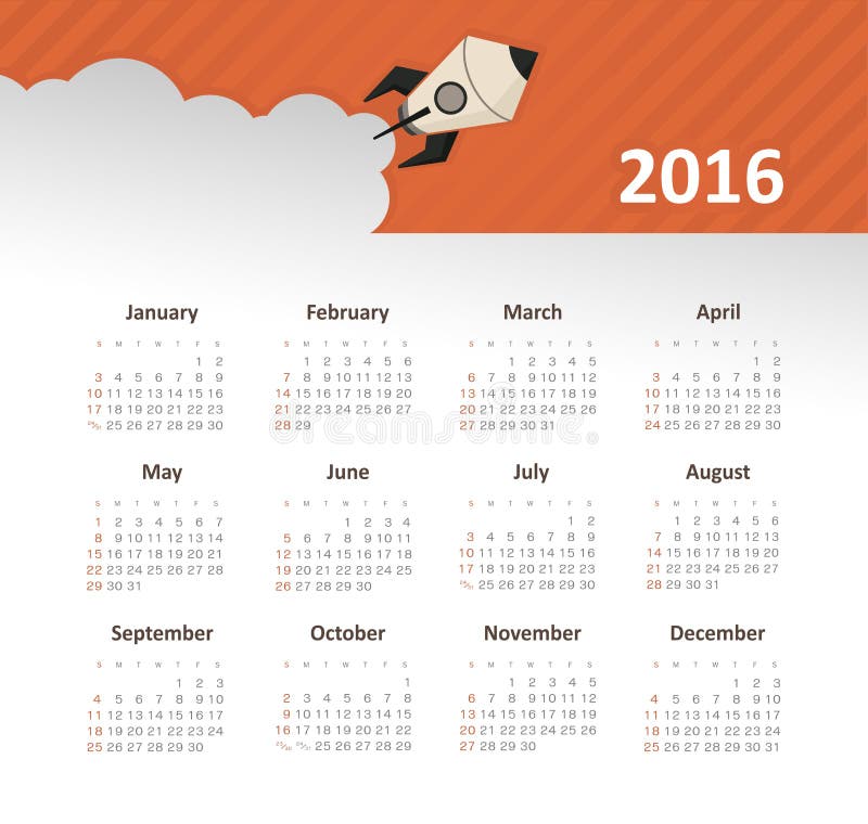 Calendar for 2016 with Rocket. Stock Vector - Illustration of date ...