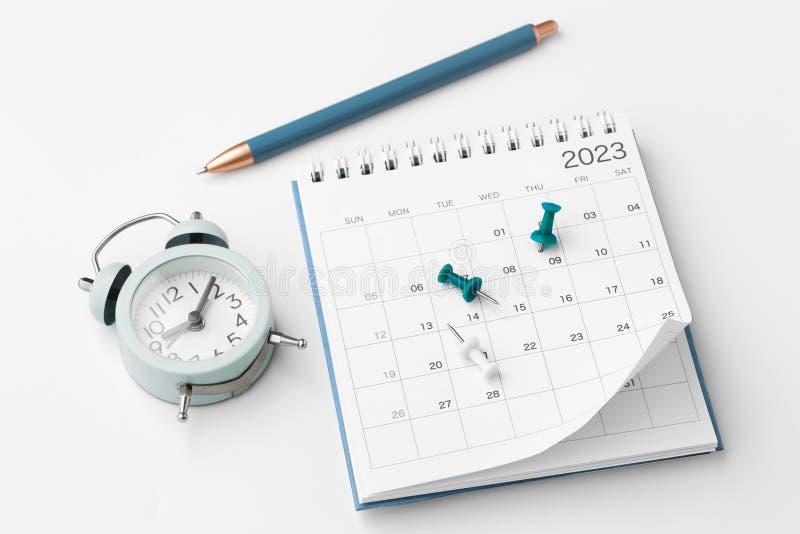 Scheduling and Planning Concept, Calendar with Green Pin, Pen and Clock ...