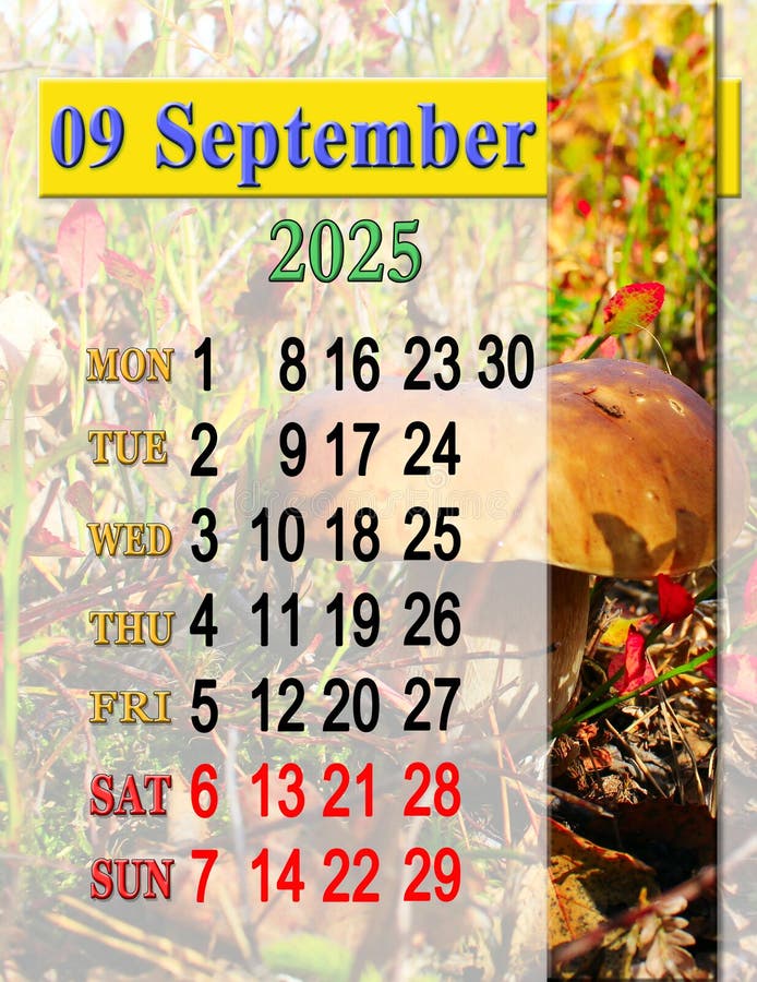Calendar for September 2025 with Image of Mushroom. September Calendar ...